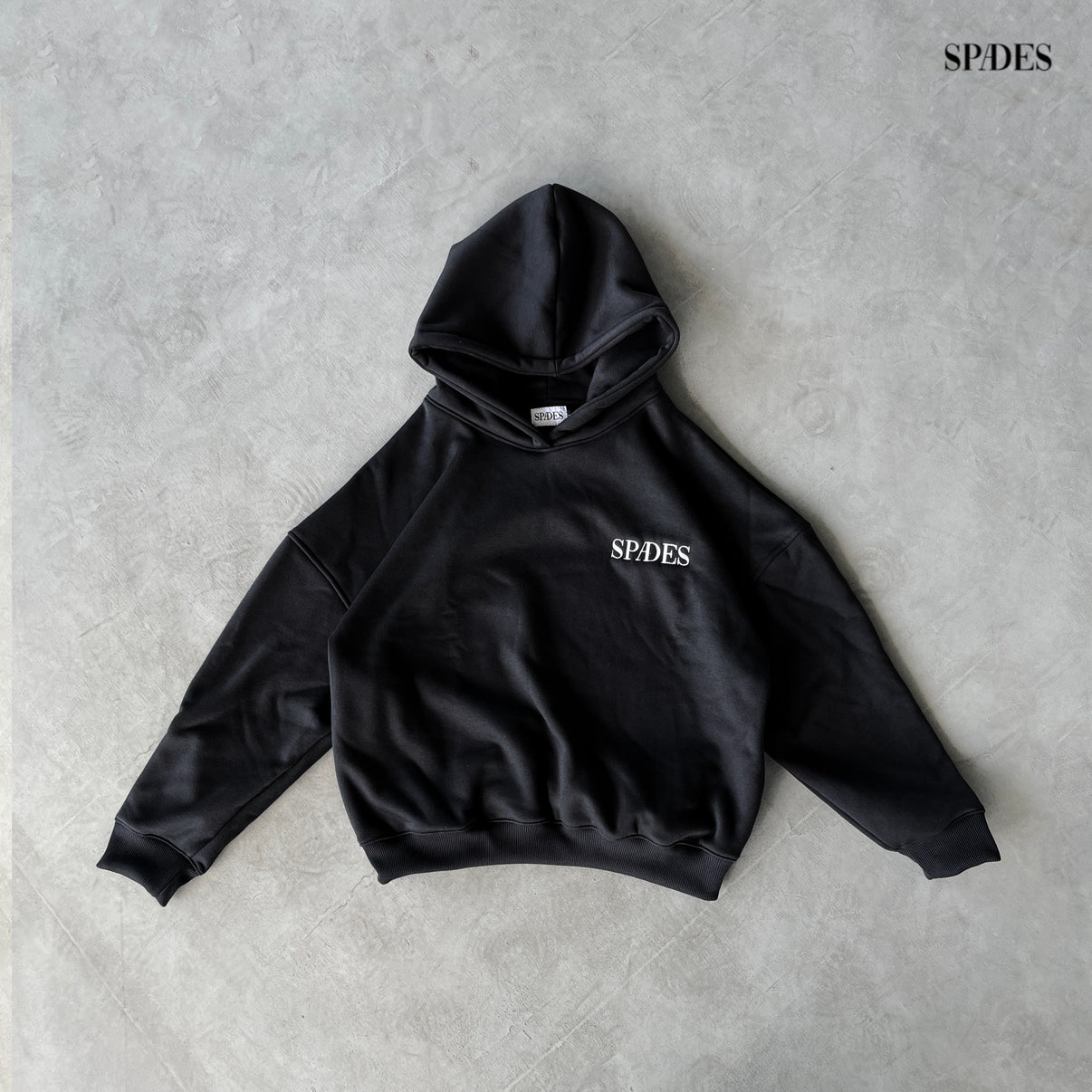 Spades Monochrome Embro Logo Boxy Hoodie Black – SPADES
